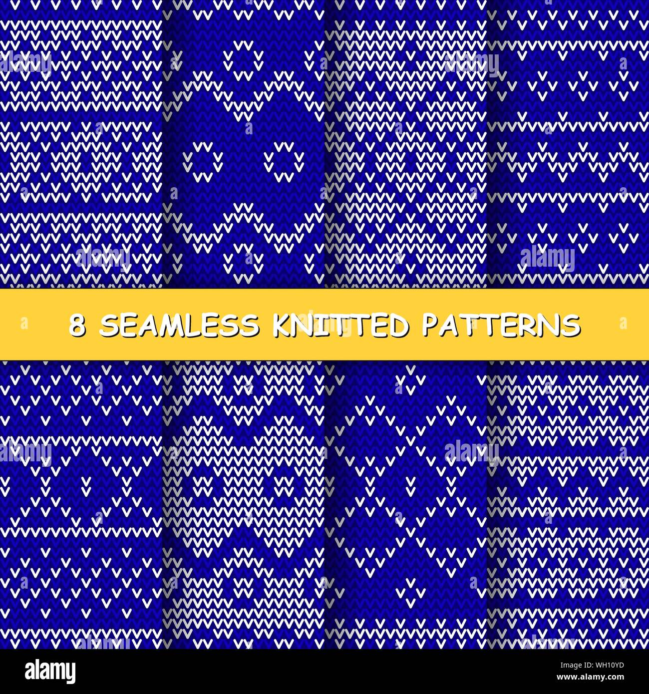Set with seamless winter patterns. Blue and white knitted christmas ...