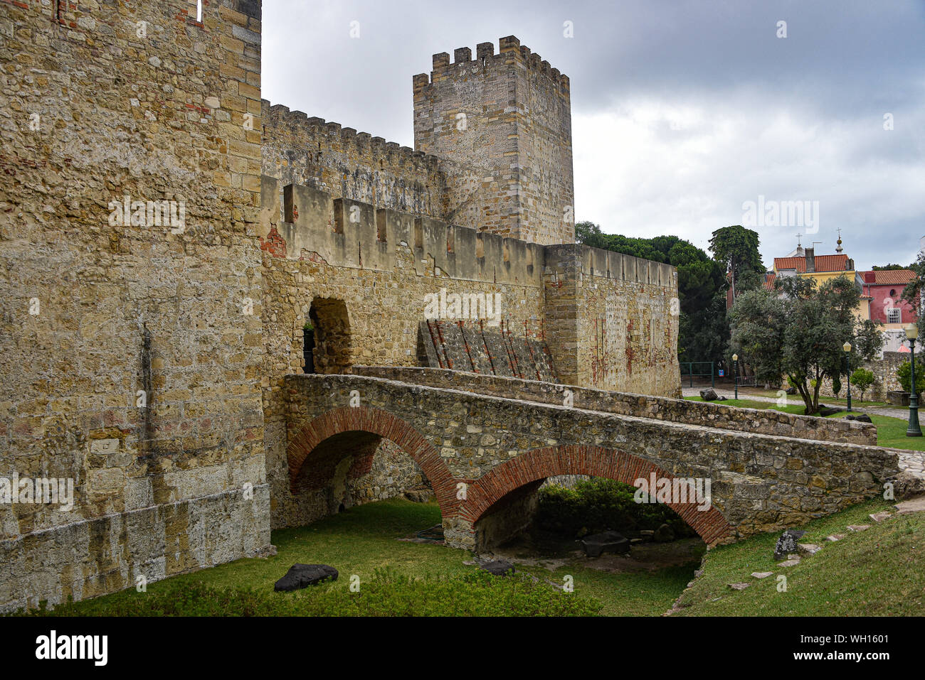 Lisbon, Portugal - July 27, 2019: External wall and towers of the ...