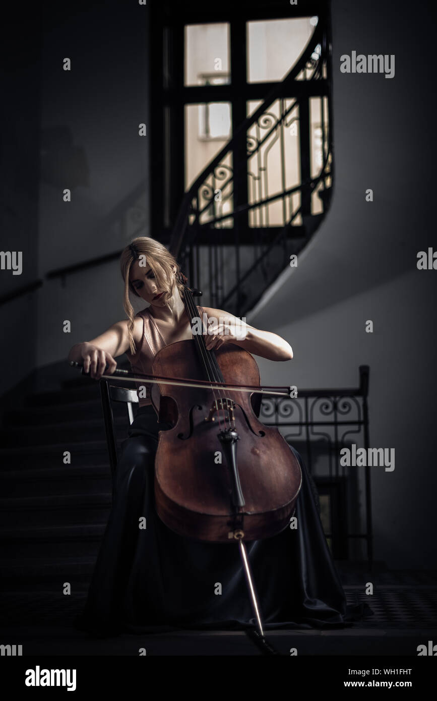 Beautiful young woman playing cello classical music instrument Stock ...