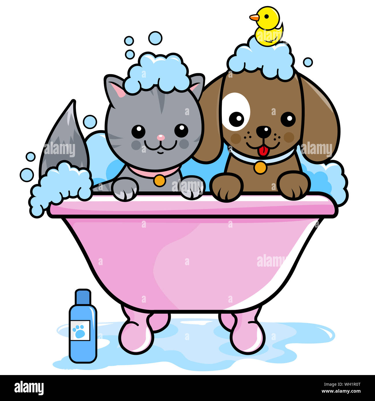 Cute cartoon dog and cat in a bath tub taking a bubble bath. Puppy and ...