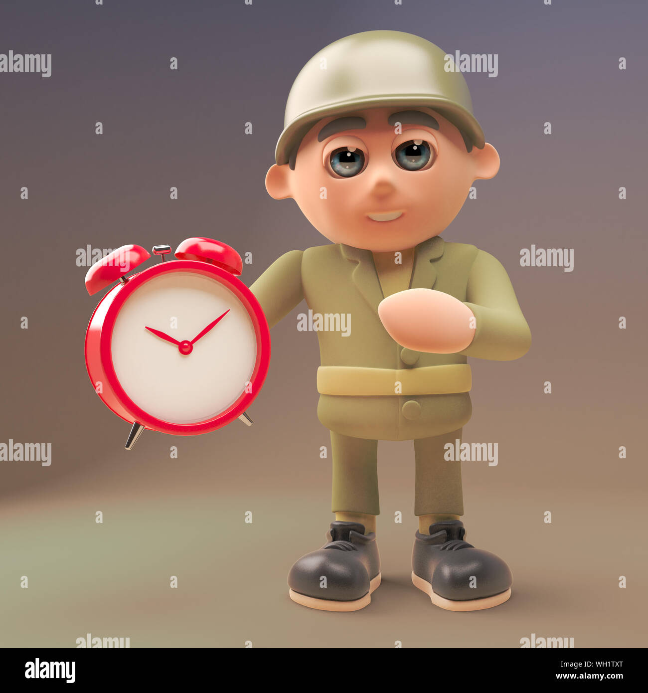 3d cartoon soldier in uniform holding an alarm clock, 3d illustration ...