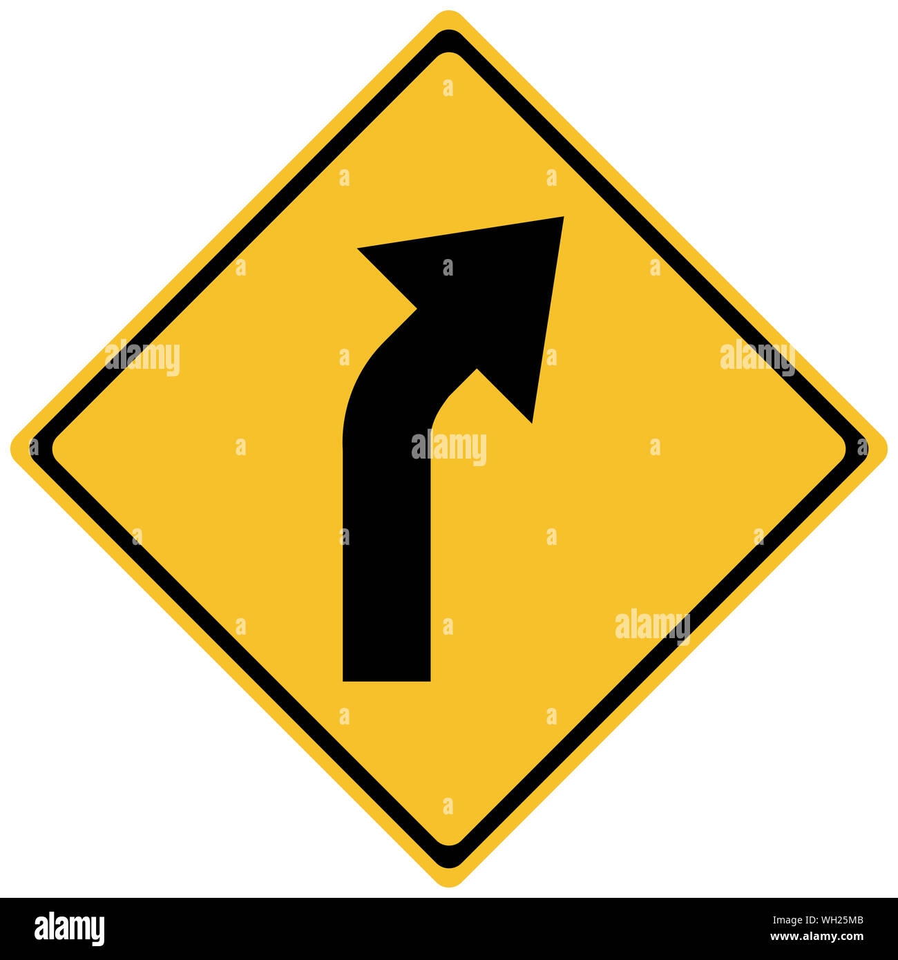 Right curve ahead traffic sign vector illustration on yellow background ...