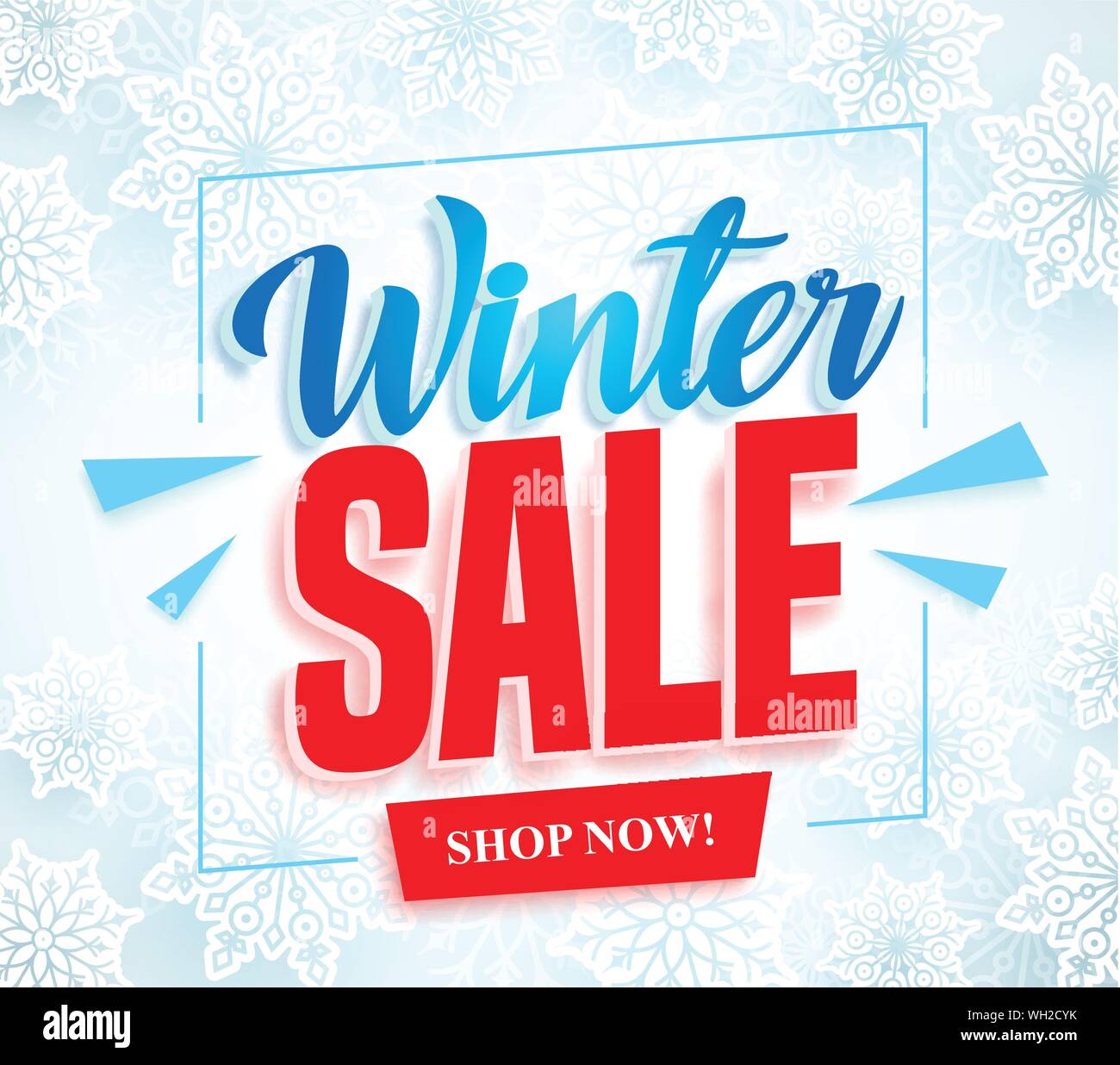 Winter sale vector banner with 3d red sale text and frame in white snow ...