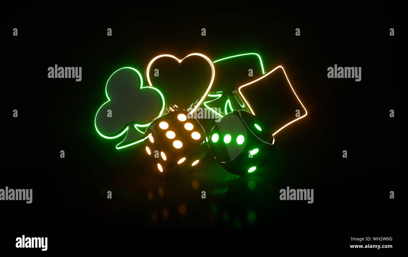 Ace Symbols And Dices With Futuristic Green And Orange Neon Lights - 3D ...