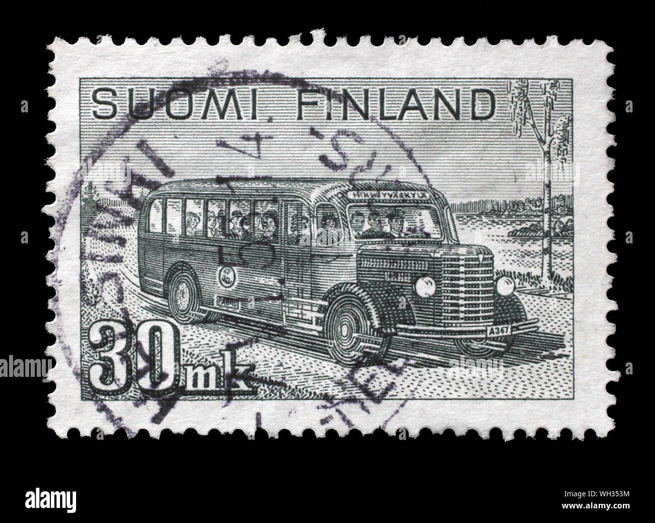 Stamp printed in Finland shows retro postal bus with passengers on ...