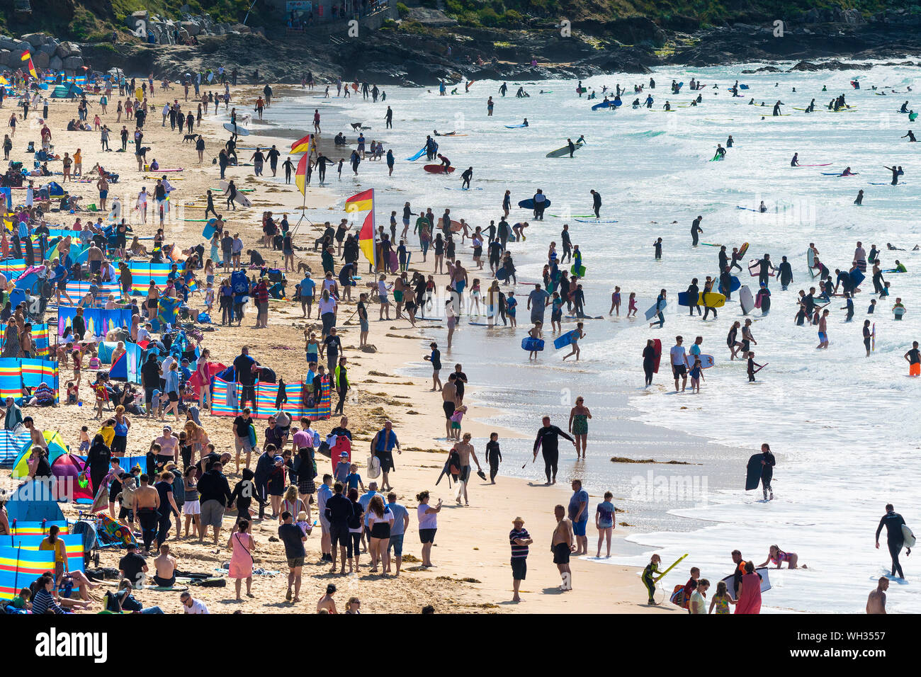 A very busy and crowded Fistral Beach in Newquay in Cornwall Stock ...
