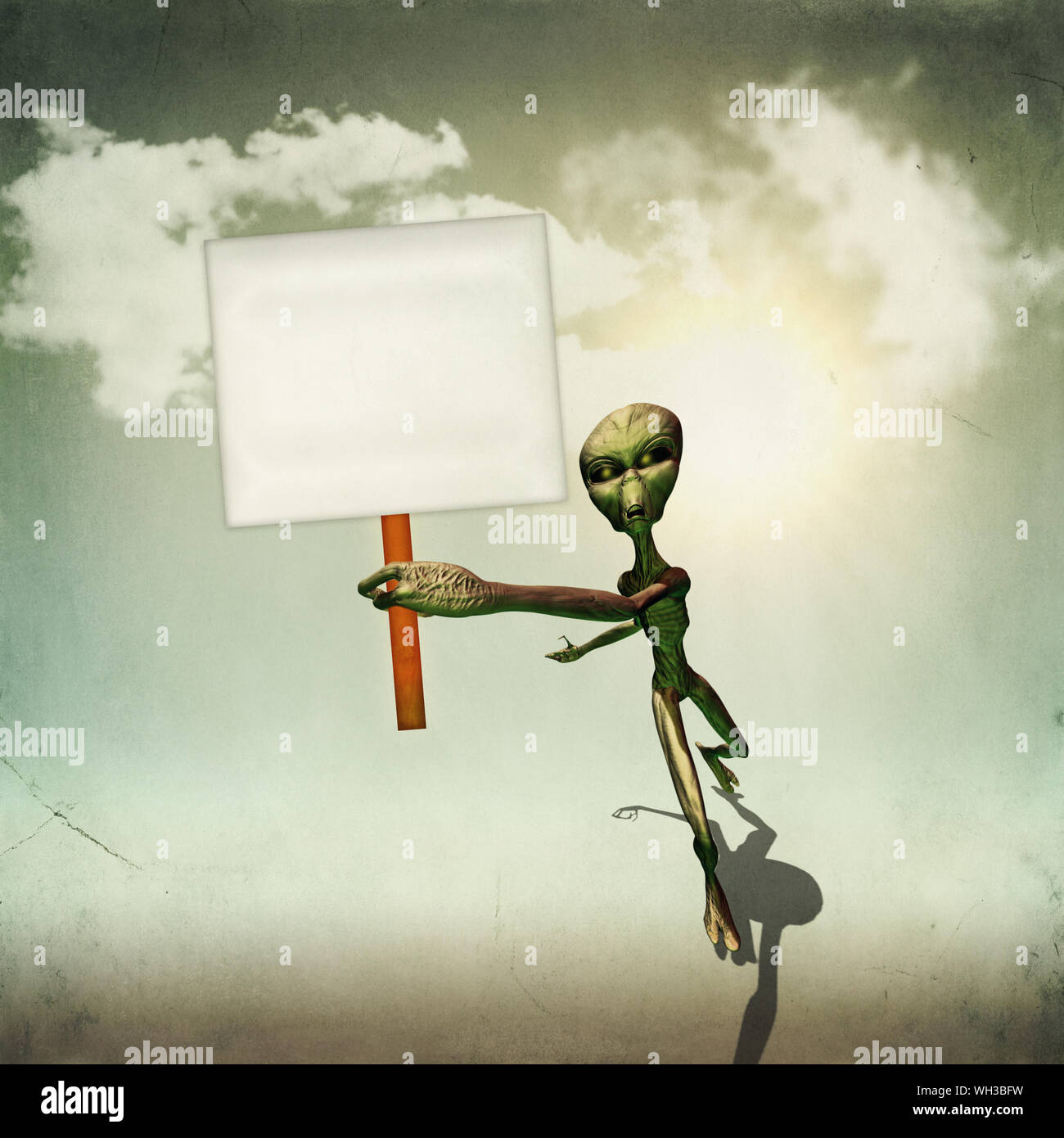 Abstract illustration of alien science fiction creature holding a blank ...