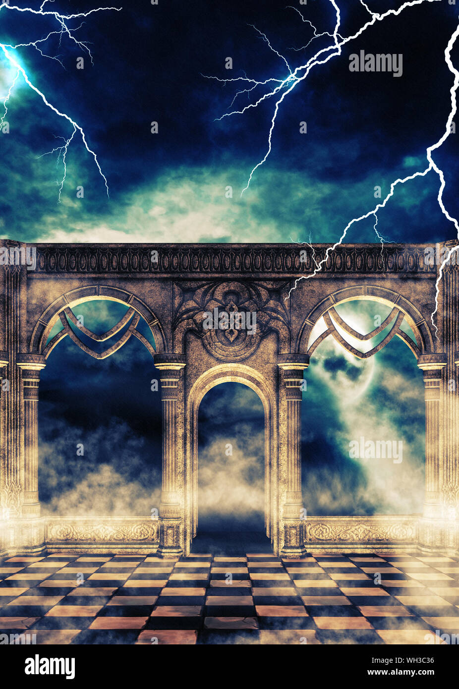 3D rendered ancient wall with arch windows and full moon illustration ...