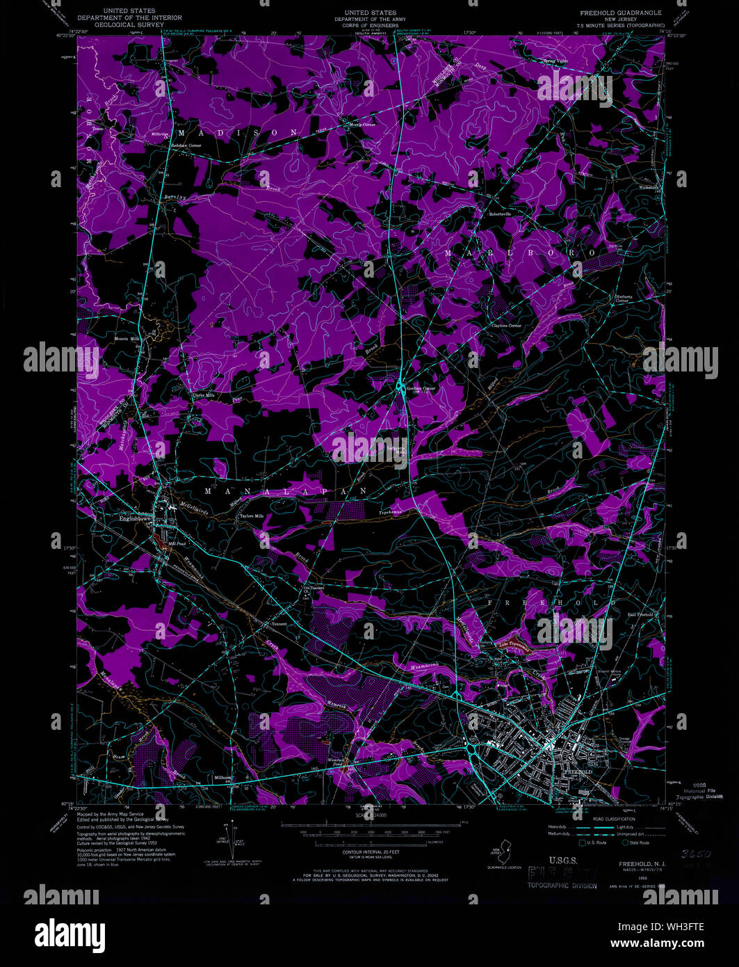 USGS TOPO Map New Jersey NJ Freehold 254403 1953 24000 Inverted ...