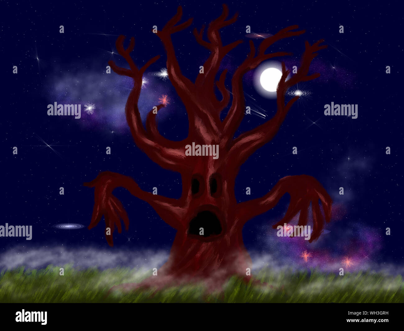 Illustration of creepy leafless tree at night. Halloween background ...
