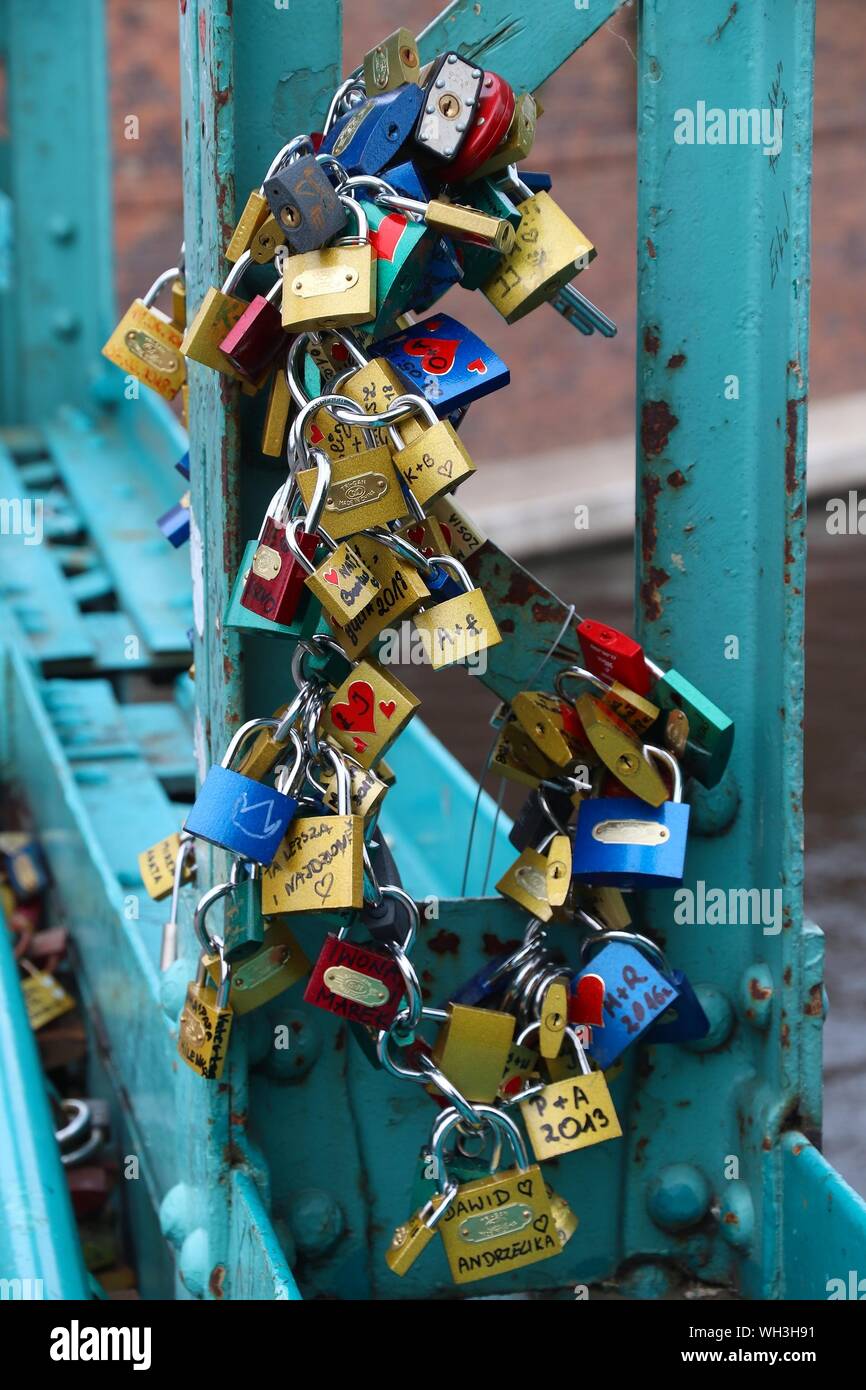 WROCLAW, POLAND - MAY 11, 2018: Symbolic love padlocks on Tumski Bridge ...