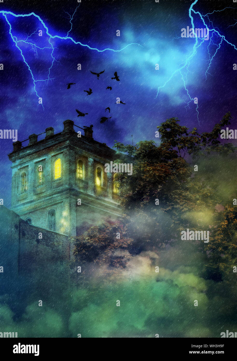 Abandoned old spooky castle during storm in the night Stock Photo - Alamy