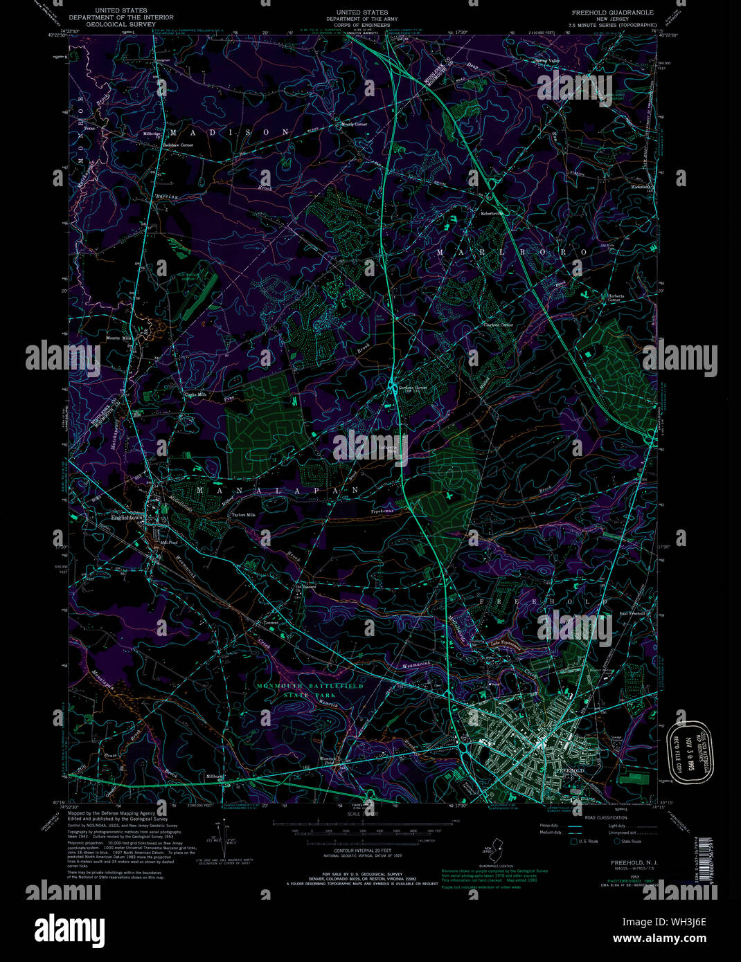 USGS TOPO Map New Jersey NJ Freehold 254406 1953 24000 Inverted ...