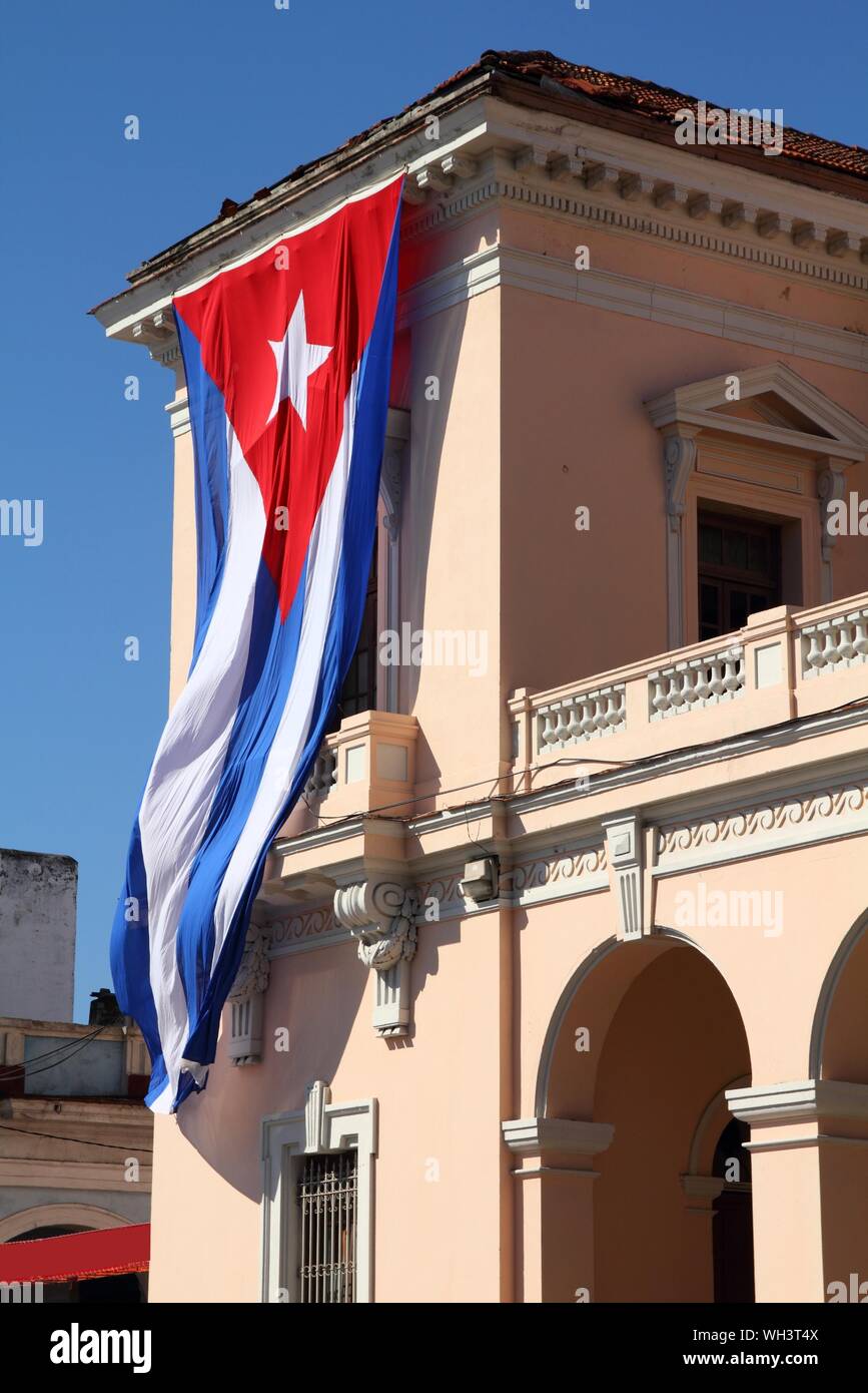 Flag of Cuba moving in the wind. National symbol on a building in ...