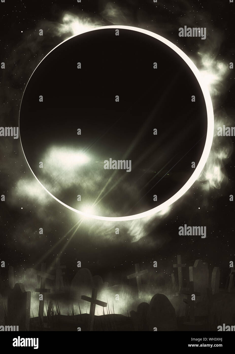 Dark spooky scene with 3d rendered cemetery and eclipse in the fog ...