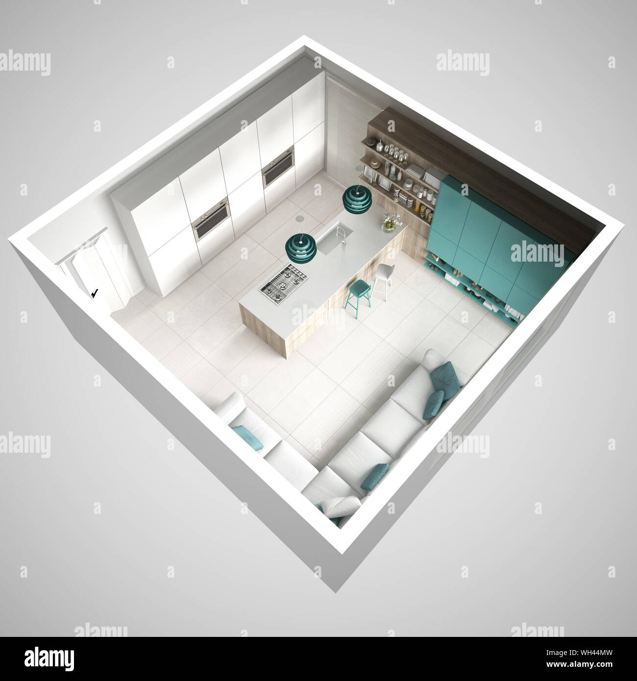 Minimalistic white kitchen, with wooden and turquoise details, minimal ...