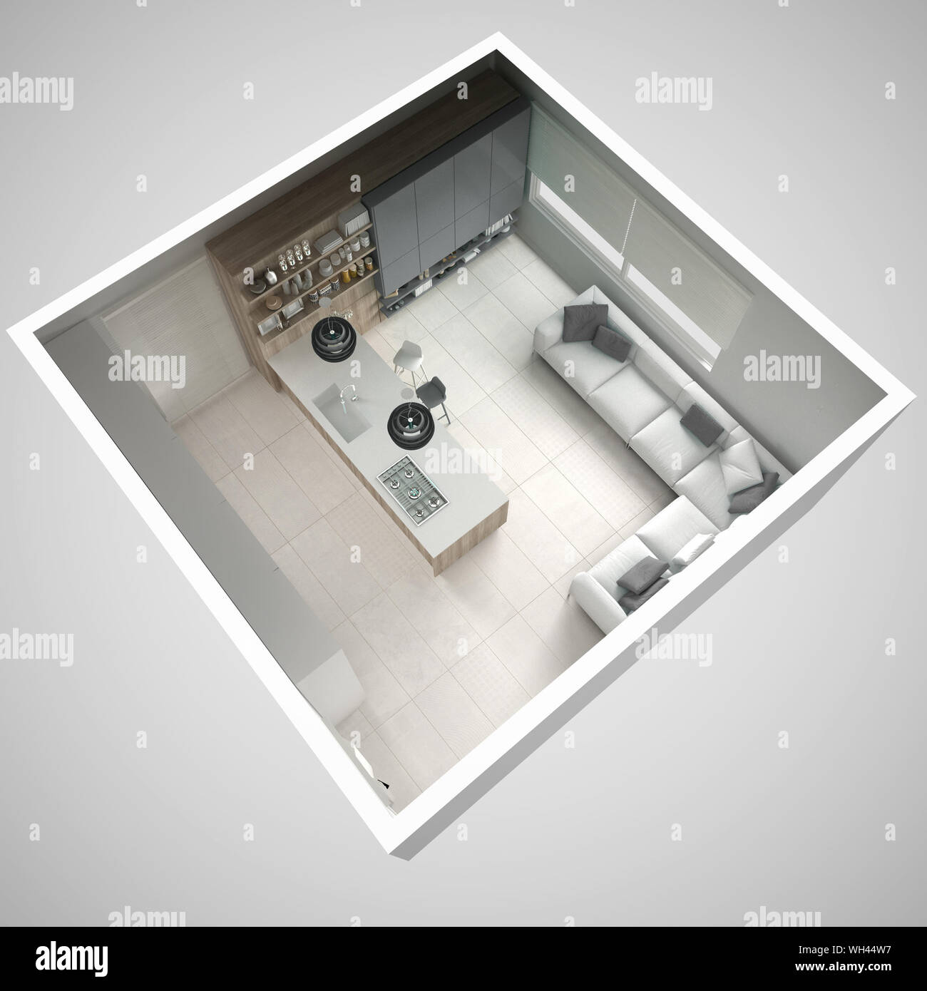 Minimalistic white kitchen, with wooden and gray details, minimal ...