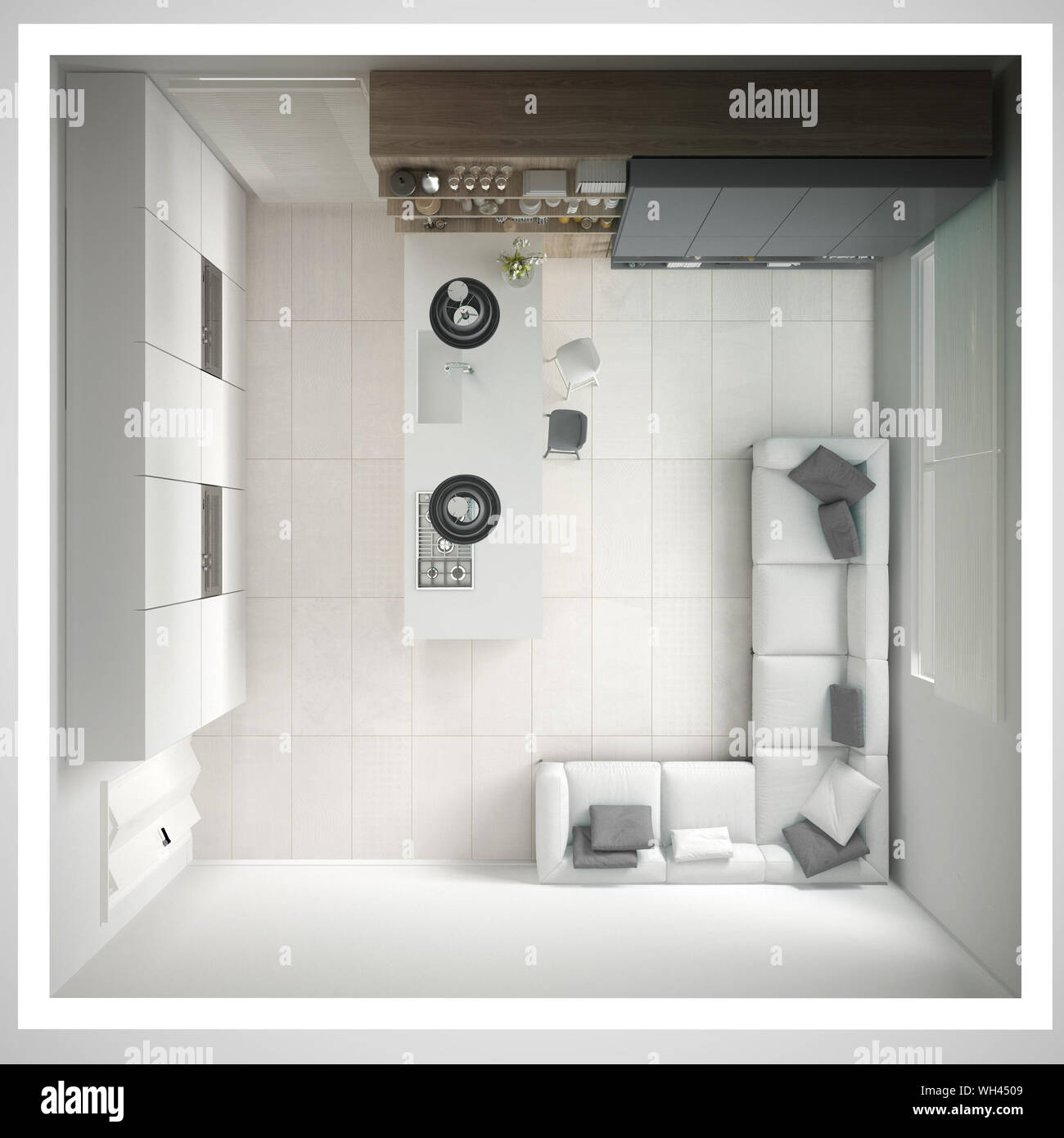 Minimalistic white kitchen, with wooden and gray details, minimal ...