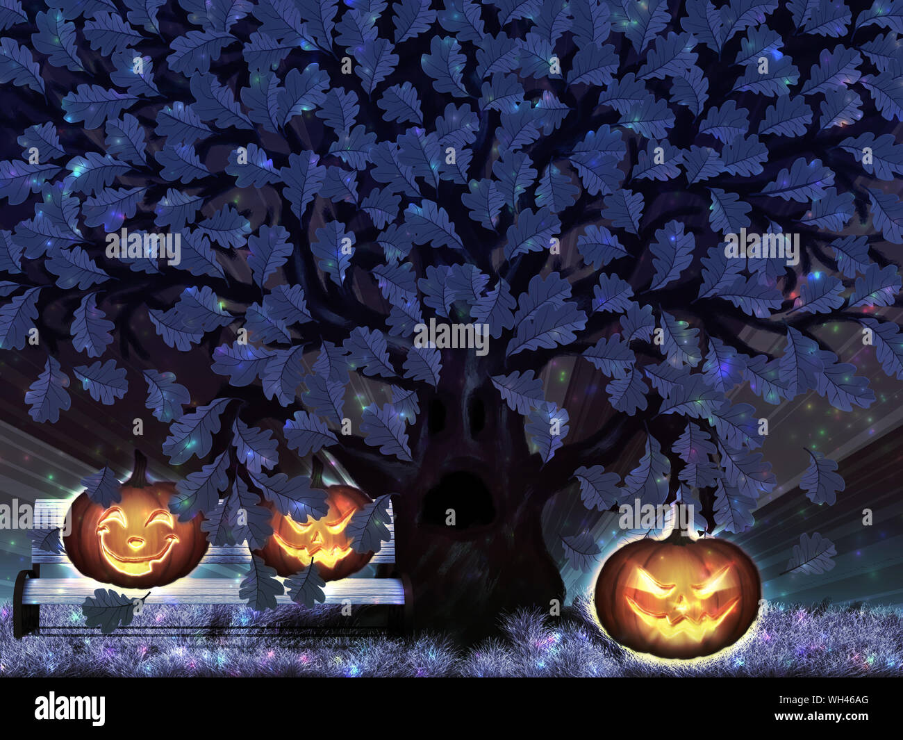 Illustration of fantasy oak tree at Halloween night with pumpkins Stock ...