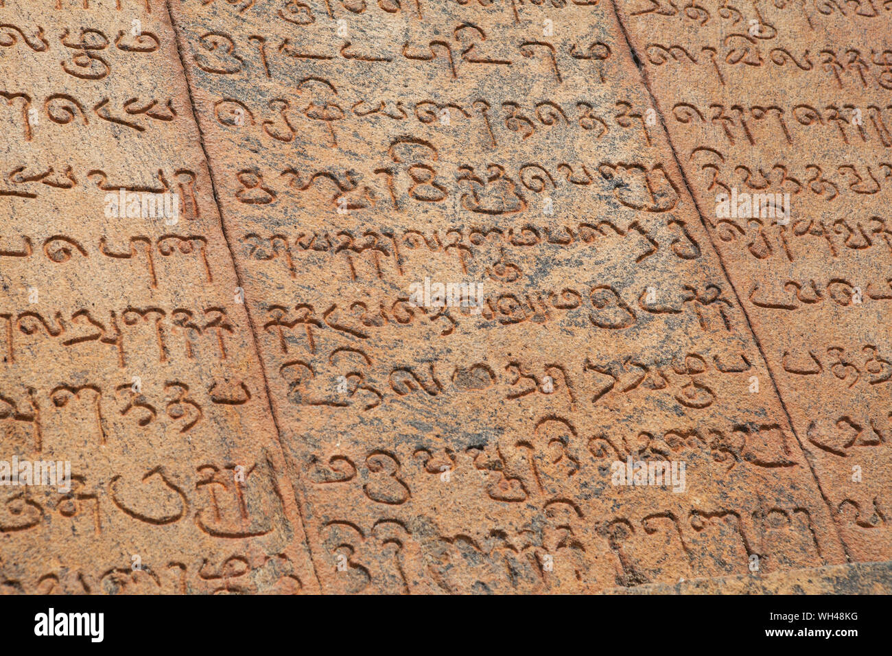 India, Tamil Nadu, Tanjore, Thanjavur, Detail of the script engraved ...