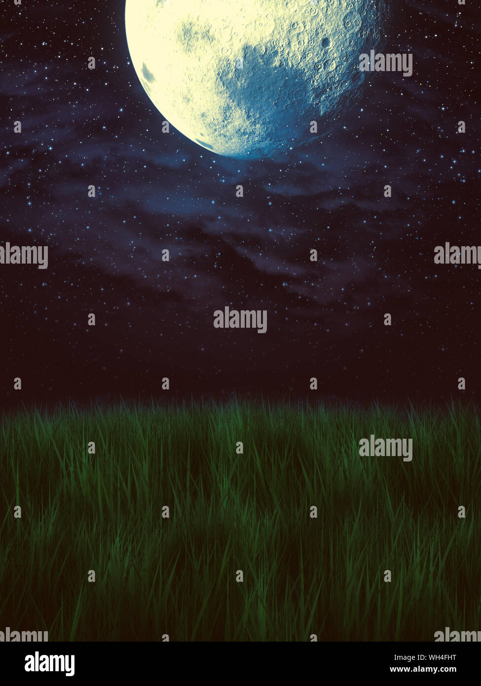 Big stylized moon in the night sky over grass field Stock Photo - Alamy