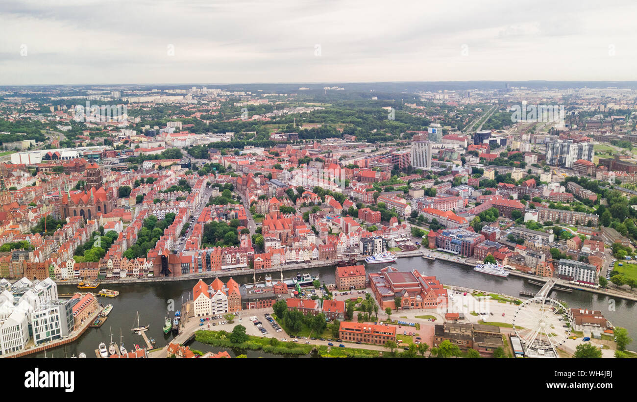 Gdansk, Poland. Aerial skyline panorama with Motlawa river, modern ...