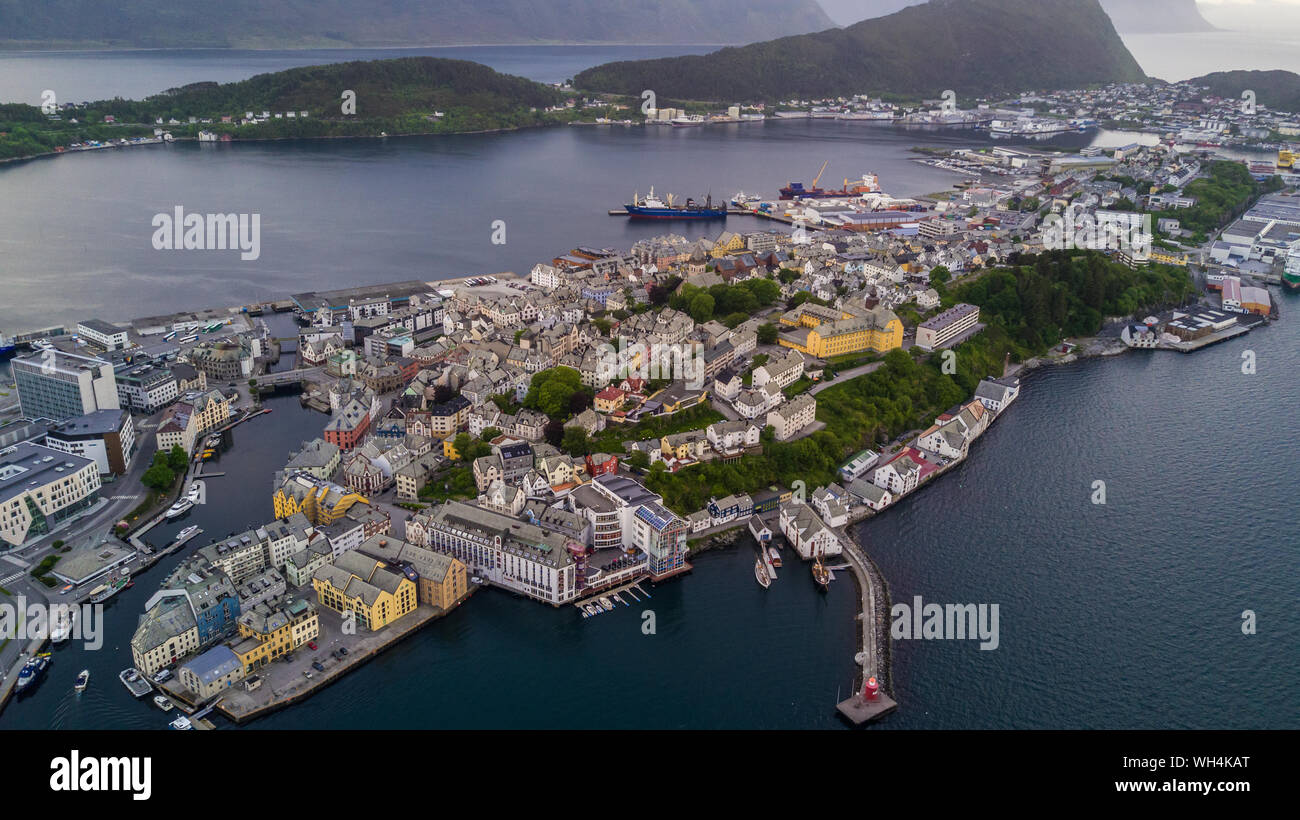 Alesund, Norway. Aerial view of Alesund, Colorful sky over famous ...