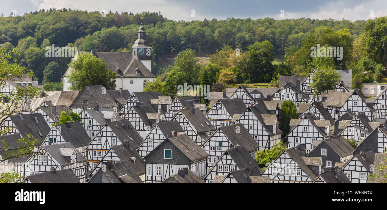 Panorama of the half timbered houses of Freudenberg, Germany Stock ...
