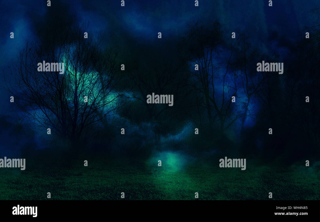 Night mystical landscape with trees in the dark Stock Photo - Alamy