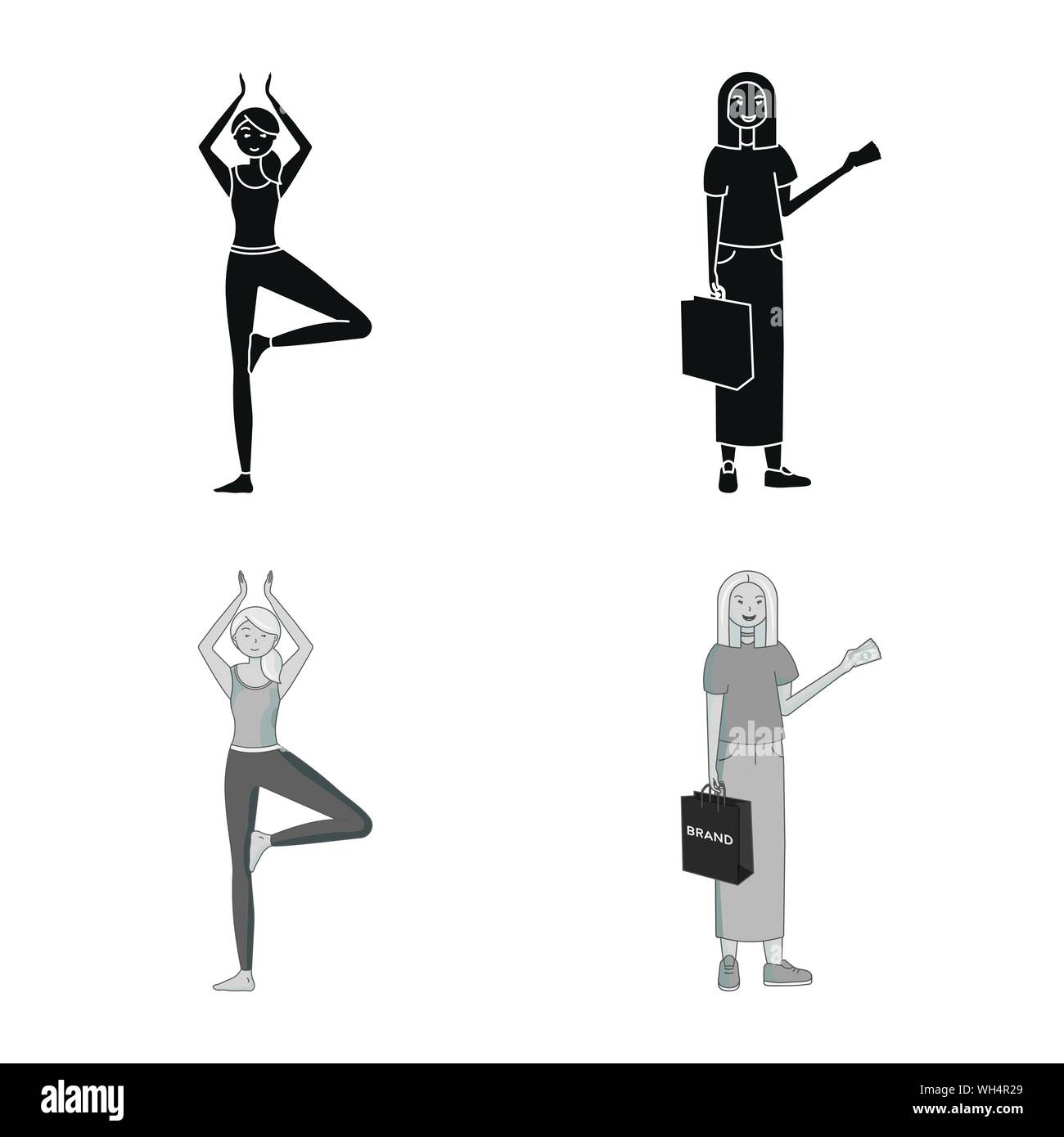 Vector illustration of posture and mood sign. Set of posture and female ...