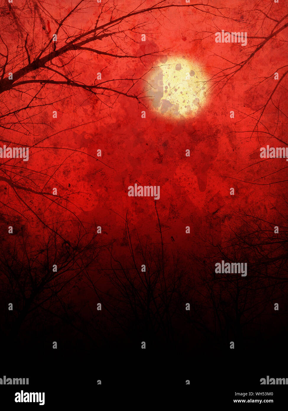 Night landscape with moon and trees, red background Stock Photo - Alamy