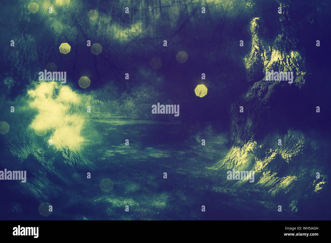 Halloween night background with spooky forest trees in fog Stock Photo ...