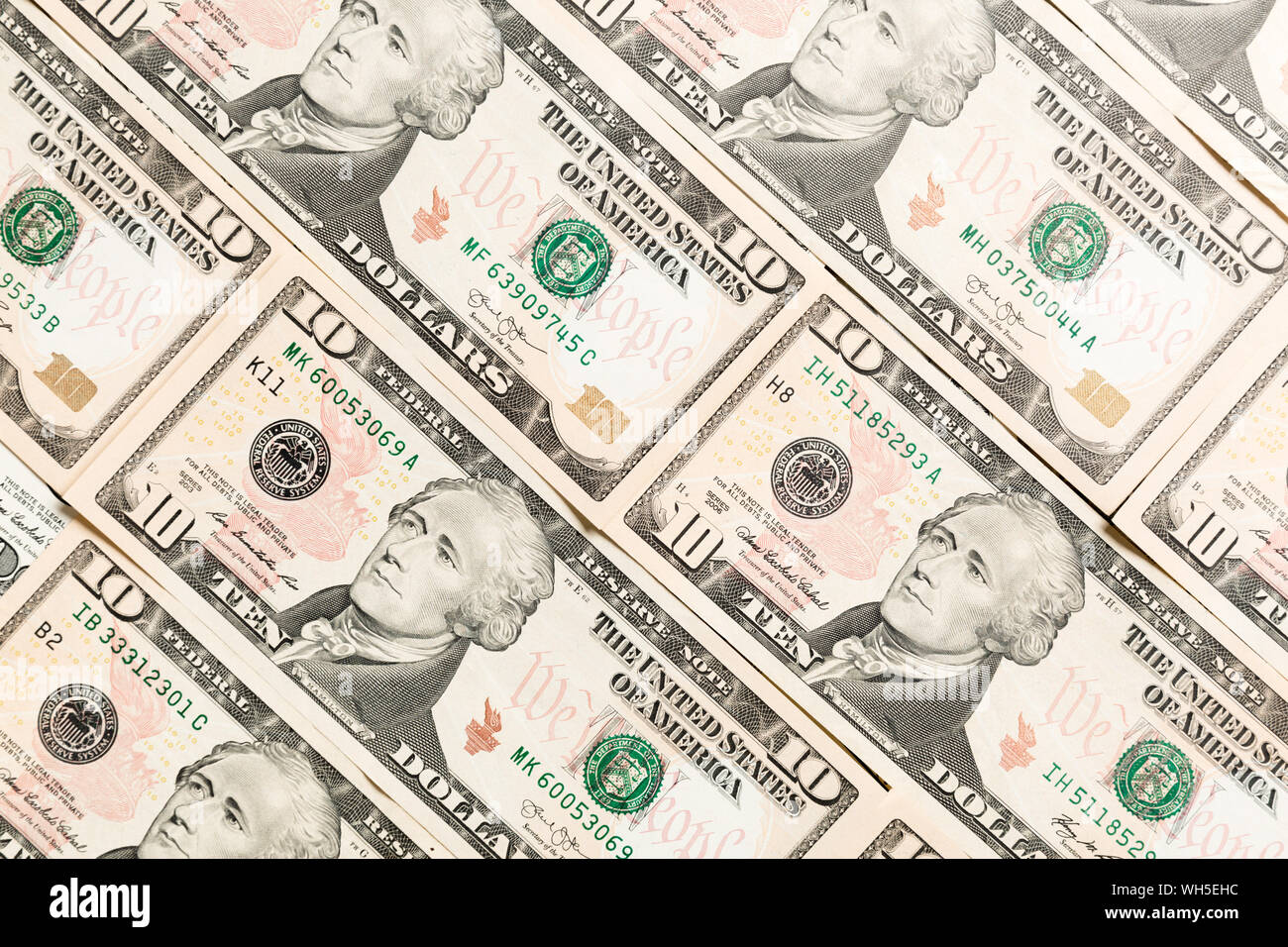 Close up of 10 dollar bills as a background. Amarican dollars pattern ...