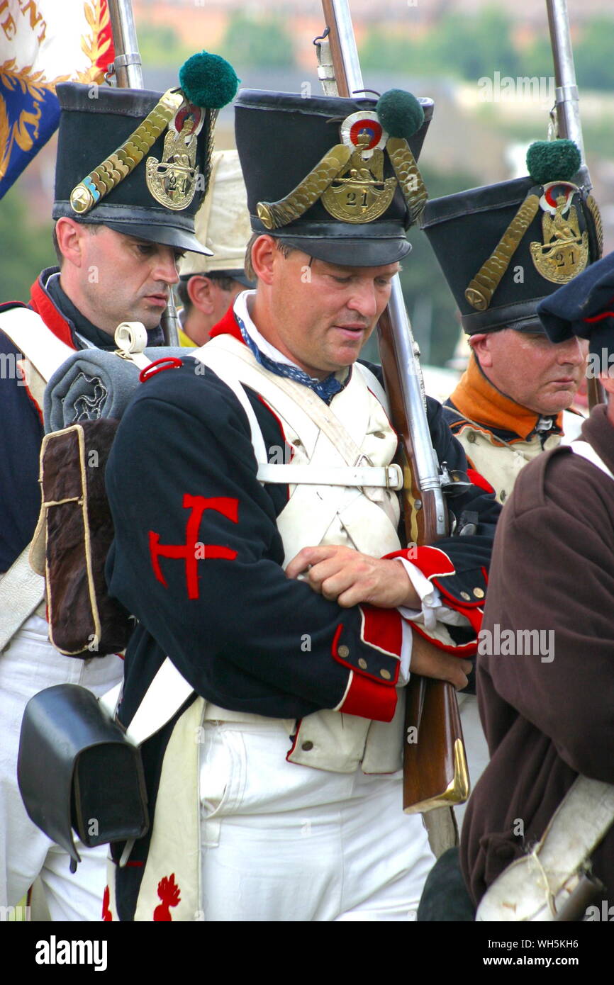 A re-enactment of the 1815 Battle Of Waterloo on the clifftops above ...