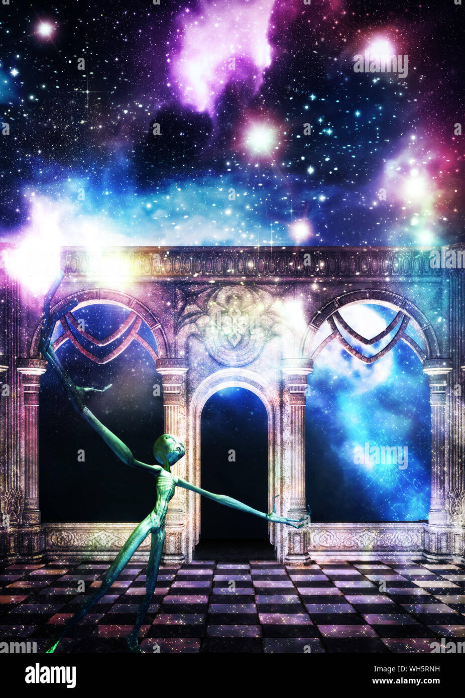 Mysterious ancient hall with starry galaxy texture and full moon, green ...