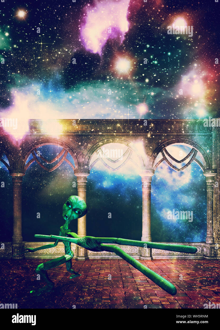 Mysterious ancient hall with starry galaxy texture and full moon, green ...