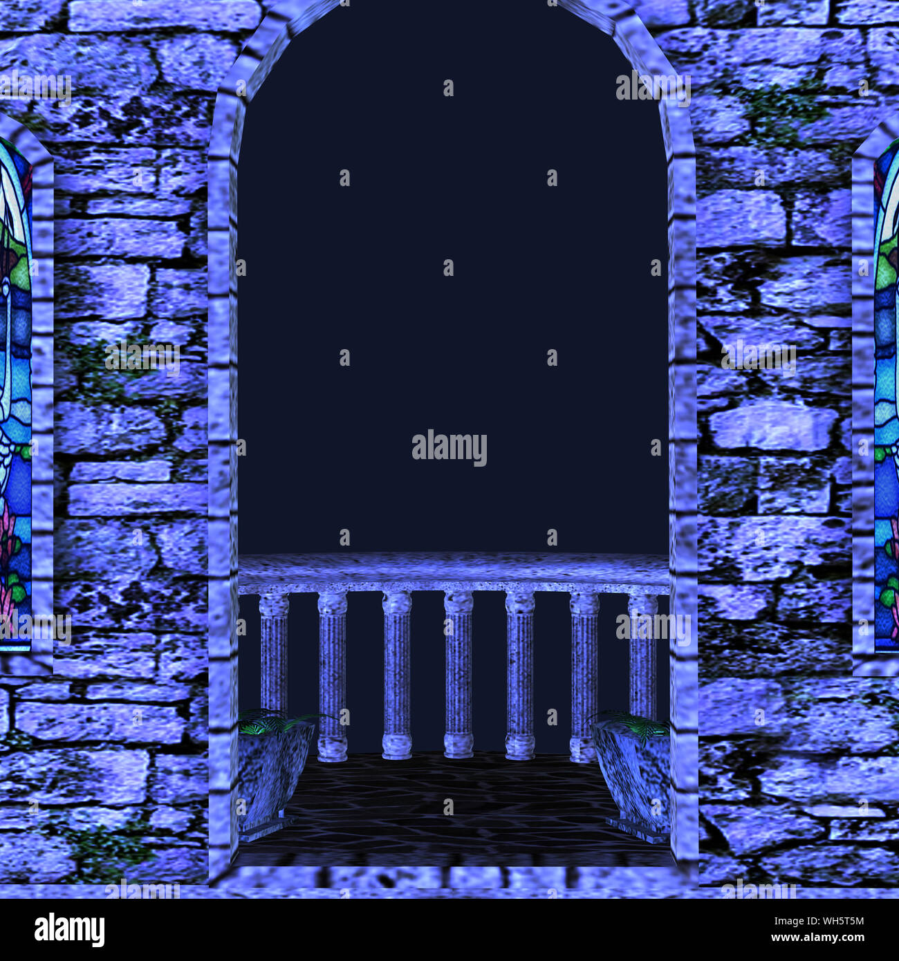 Digital render of a dark gothic balcony at night time Stock Photo - Alamy