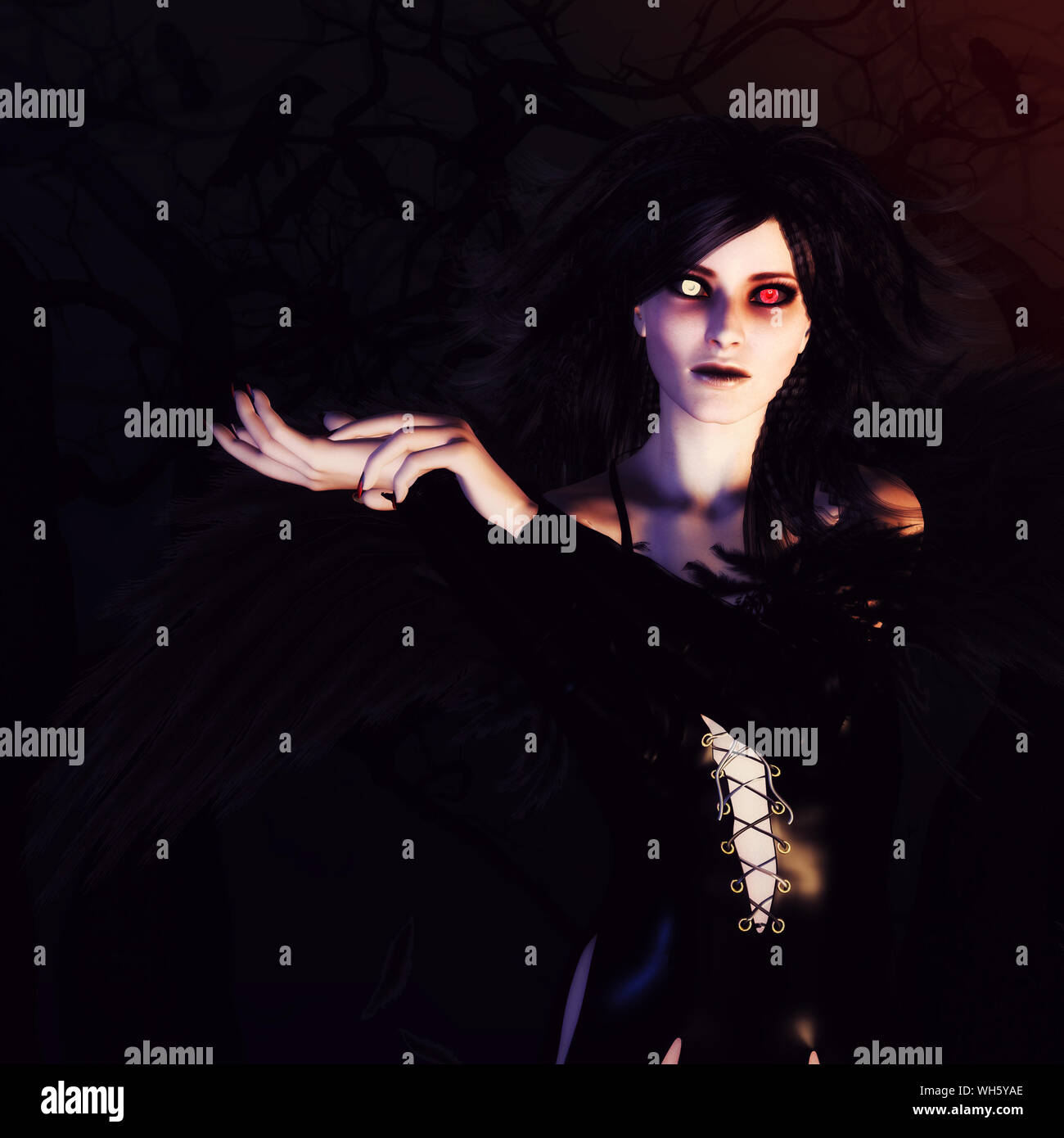 Fantasy image of a dark fallen angel in the night forest Stock Photo ...