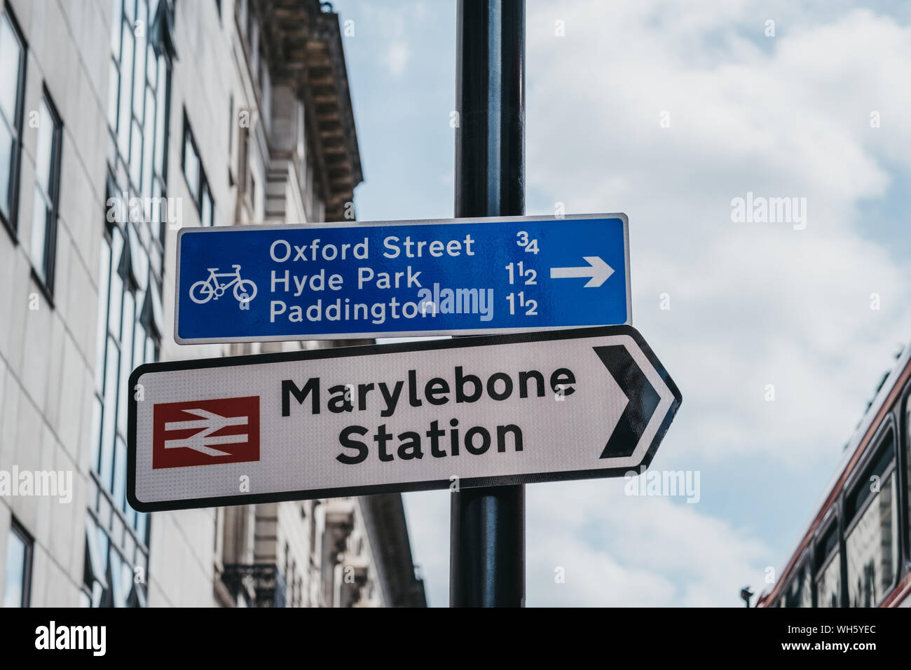 London, UK - July 18, 2019: Directional signs to Marylebone Station and ...