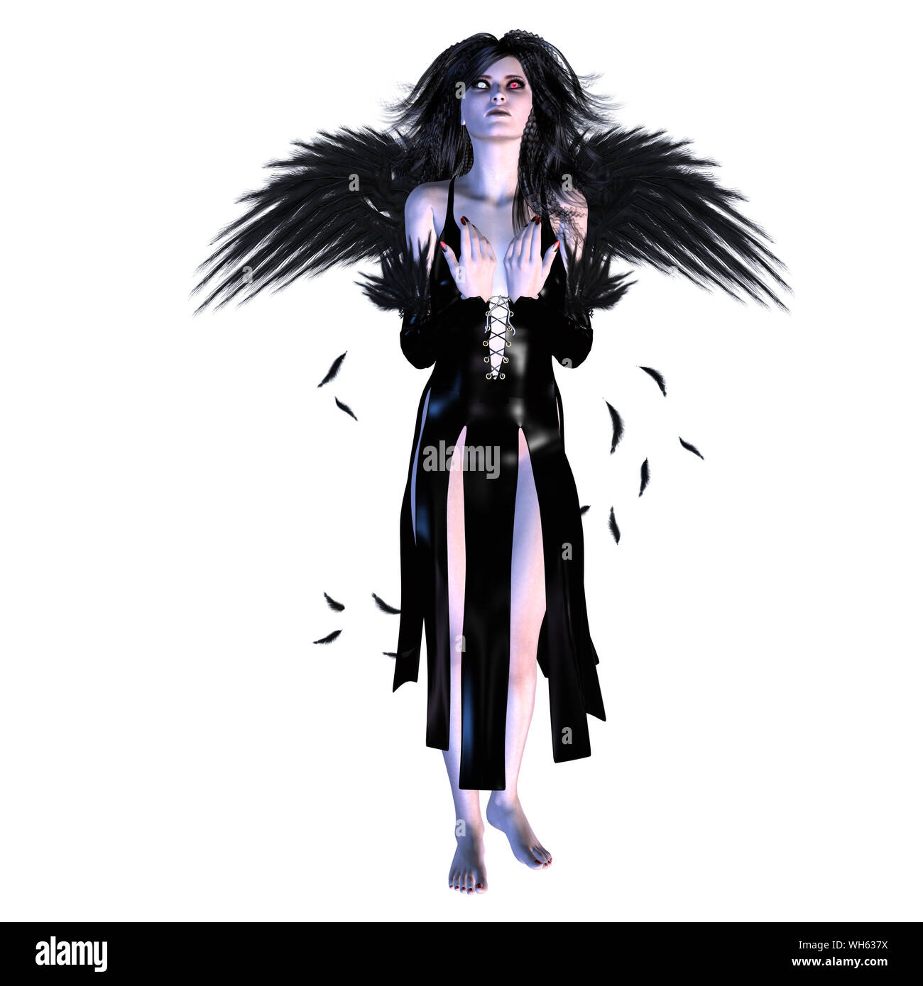 Digitally rendered illustration of a dark fallen angel on white ...