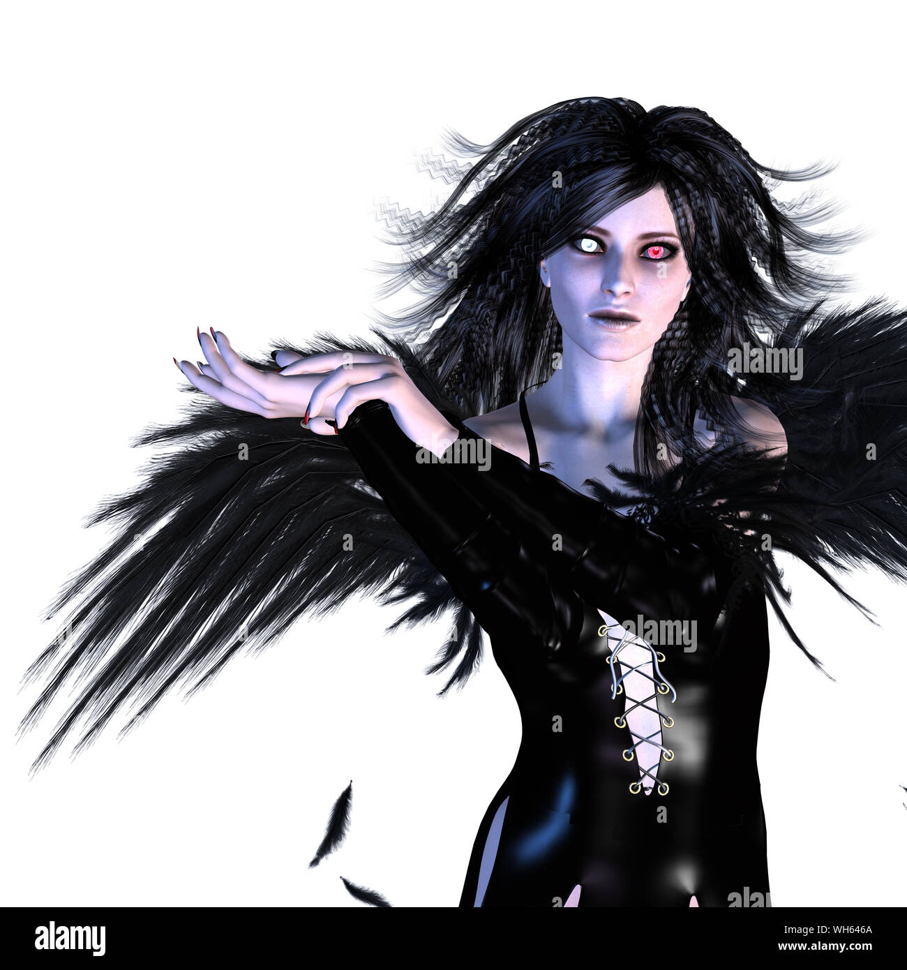 Digitally rendered illustration of a dark fallen angel on white ...