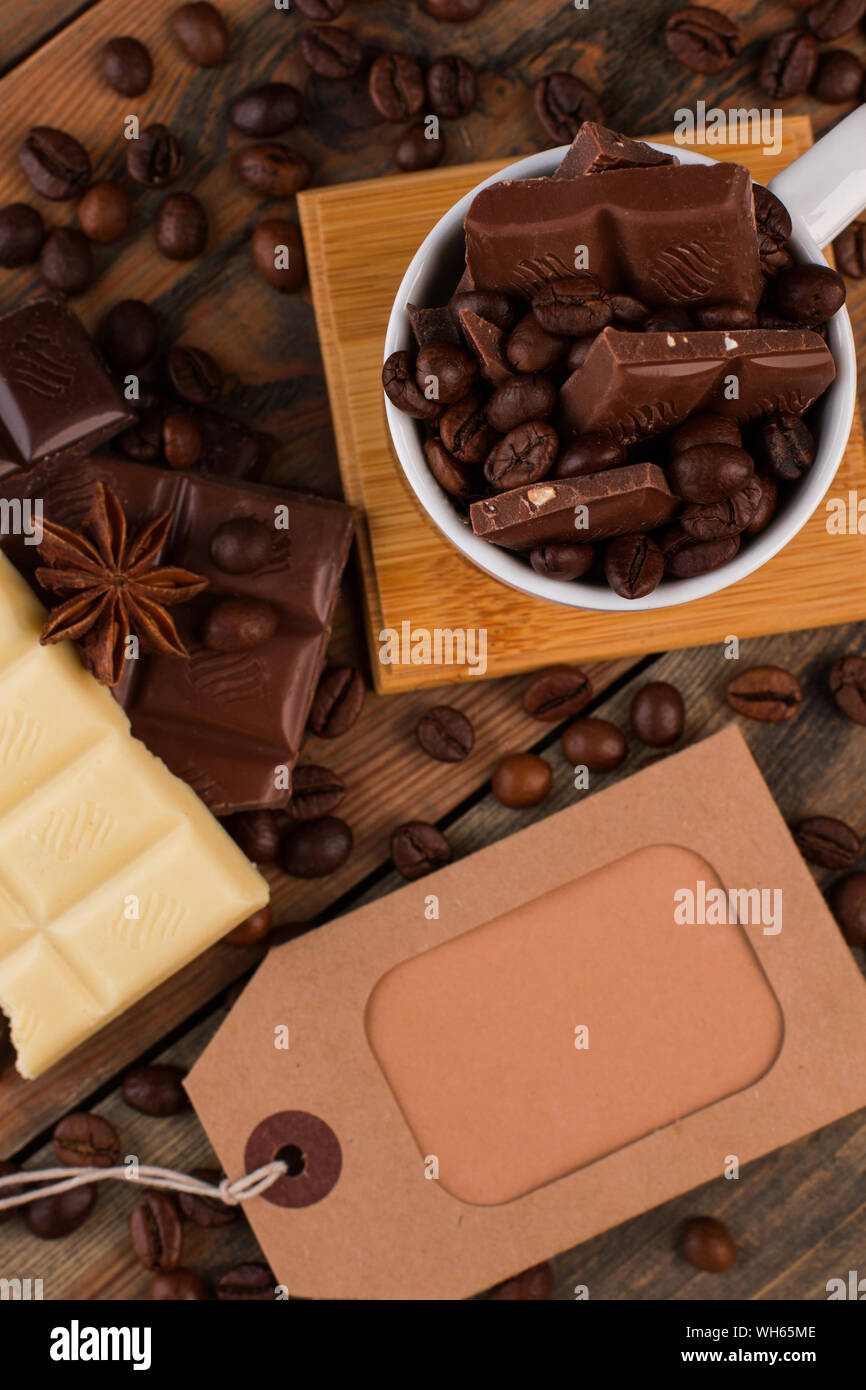 Chocolate, coffee beans and price tag Stock Photo - Alamy
