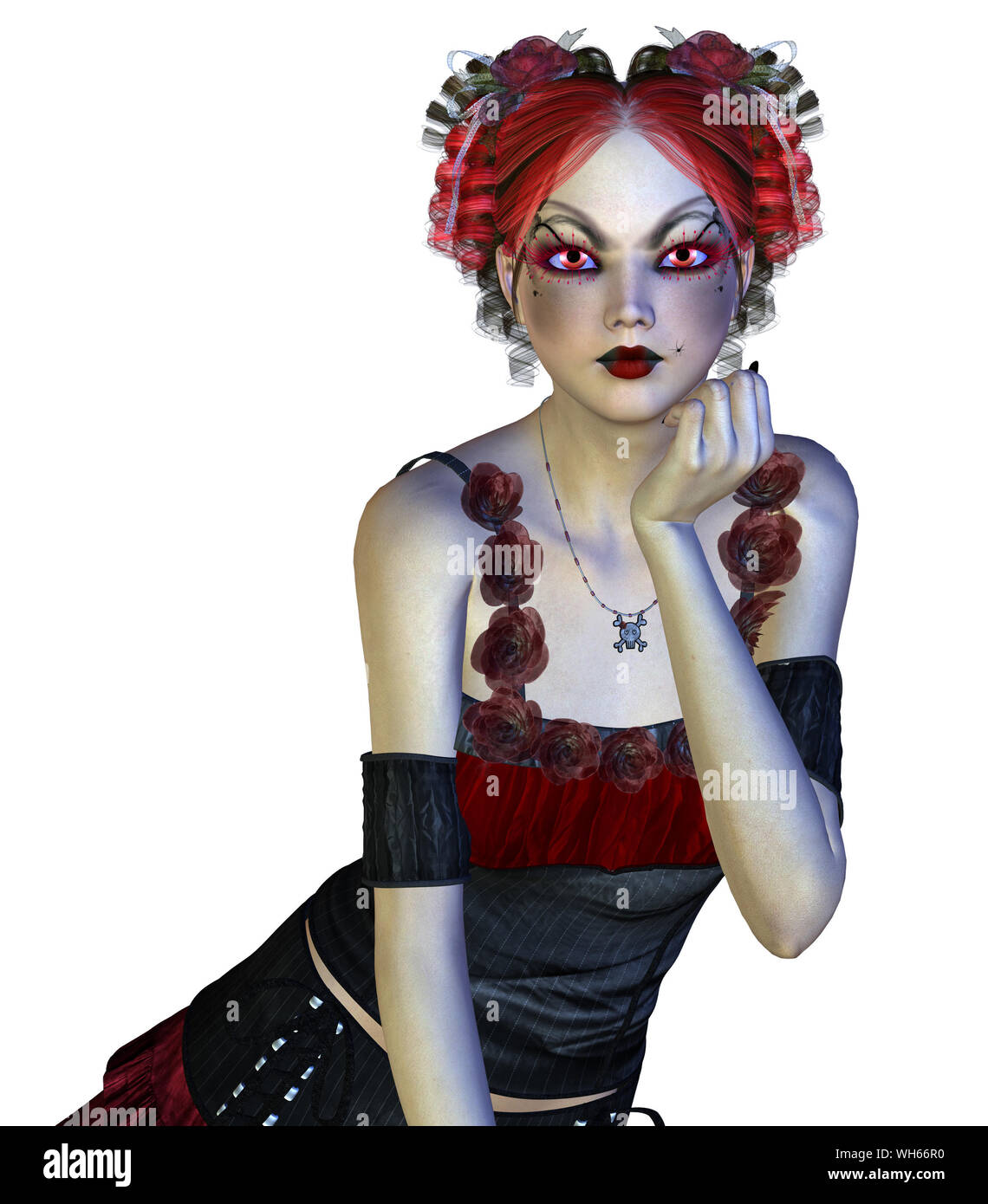 Digitally rendered illustration of a gothic girl in red dress on white ...