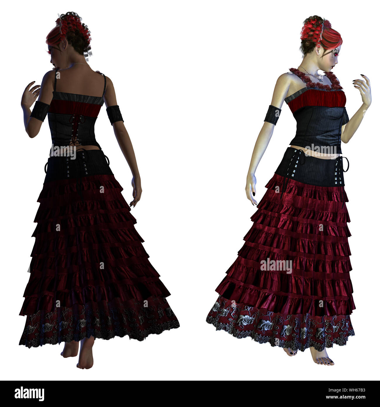 Digitally rendered illustration of a gothic girl in red dress on white ...