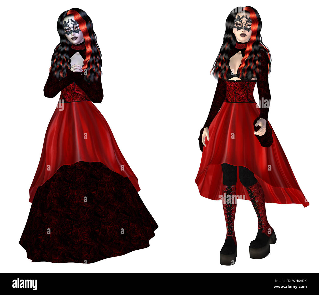 Digitally Rendered Illustration Of A Gothic Girl In Old Style Red Dress On White Background