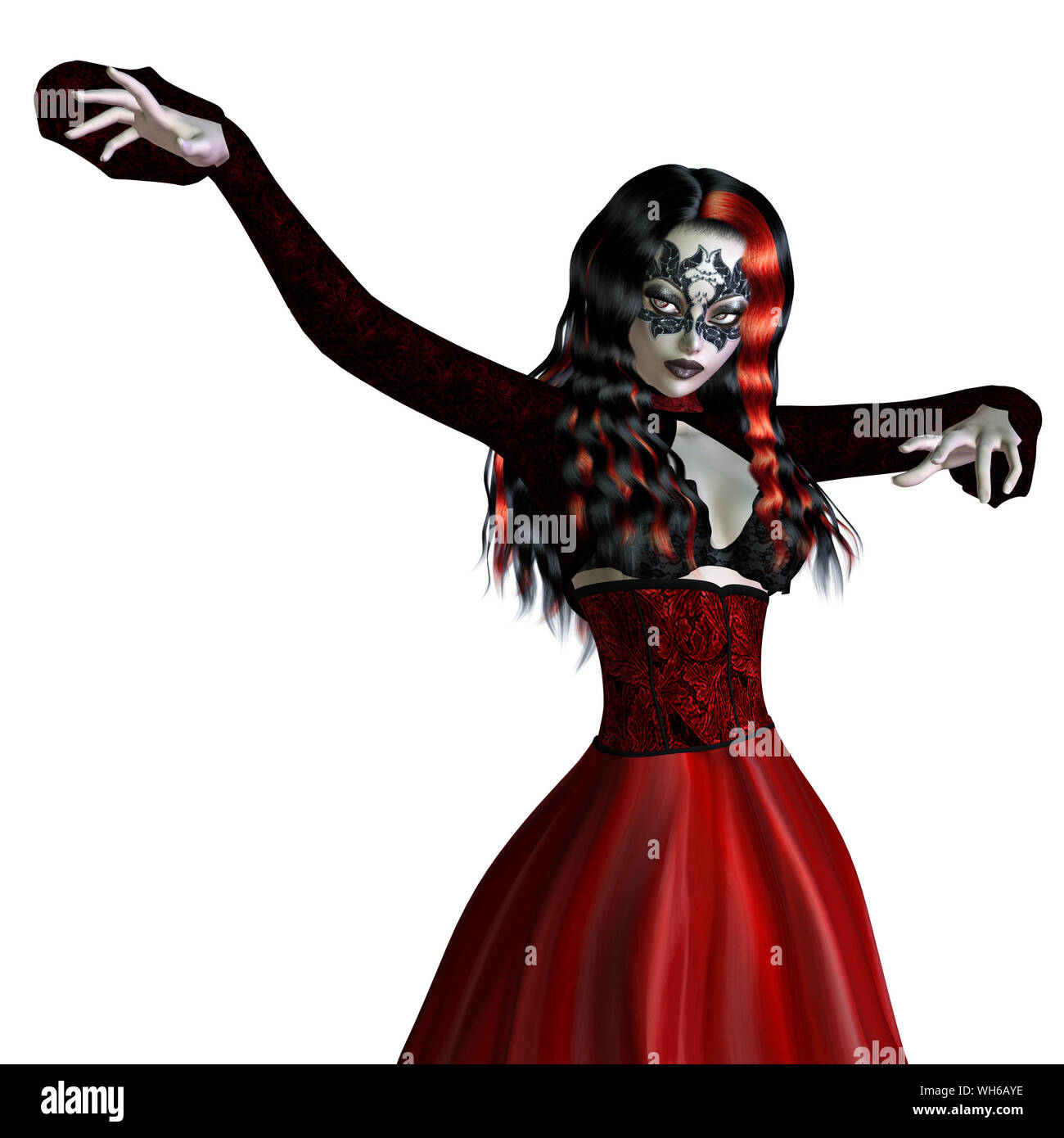 Digitally Rendered Illustration Of A Gothic Girl In Old Style Red Dress On White Background