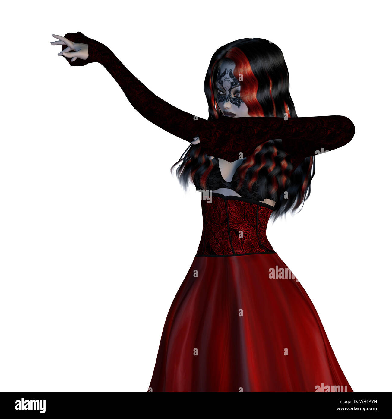 Digitally Rendered Illustration Of A Gothic Girl In Old Style Red Dress On White Background