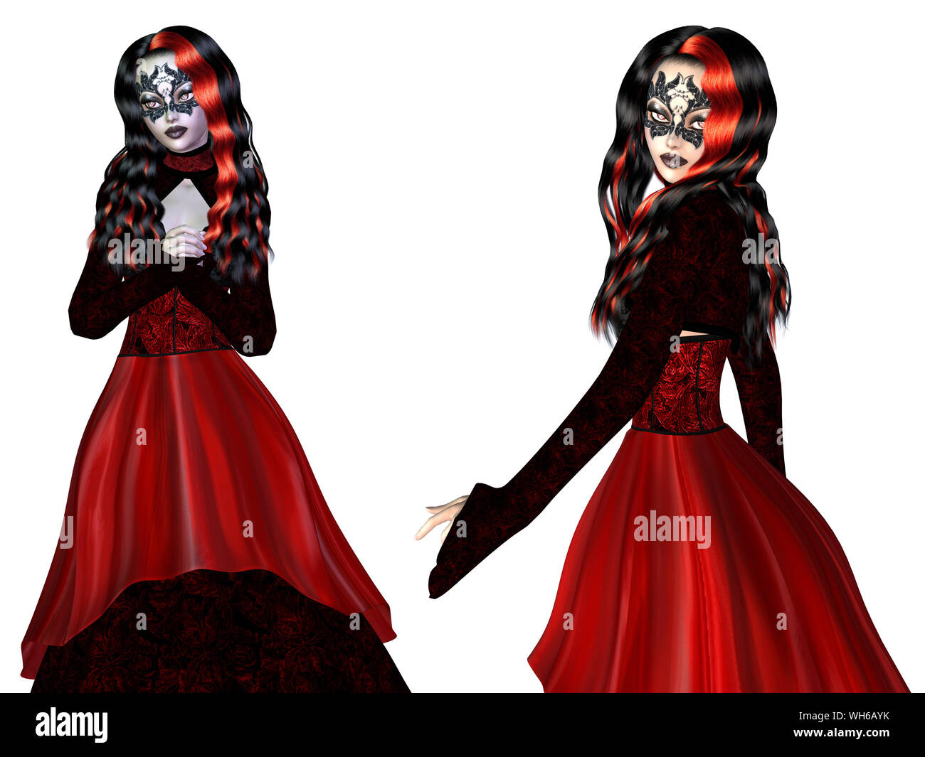 Digitally Rendered Illustration Of A Gothic Girl In Old Style Red Dress On White Background