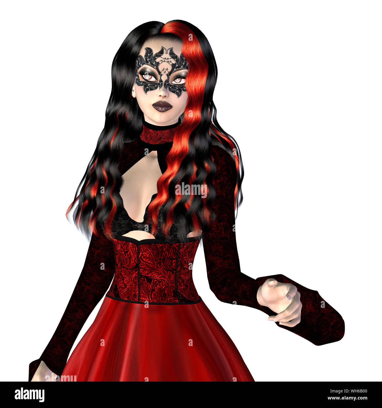 Digitally Rendered Illustration Of A Gothic Girl In Old Style Red Dress