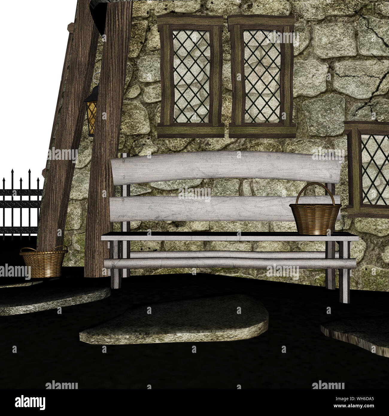 Digitally rendered illustration of an old bench in front of house Stock ...